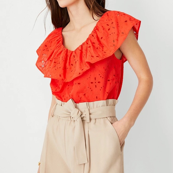 Ann Taylor | Tops | Petite Eyelet Ruffle Neck Top | Poshmark